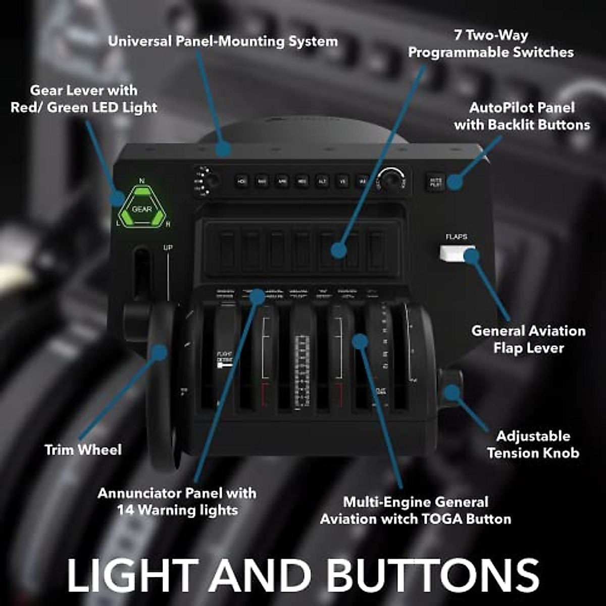 Honeycomb Bravo Flight Simulator Throttle Quadrant - Trim, Gear, Flaps, Autopilot, Radio Switch Panel - 6 Interchangeable Levers – Desk Clamps Included - Programmable Functions – USB-C Cable Included