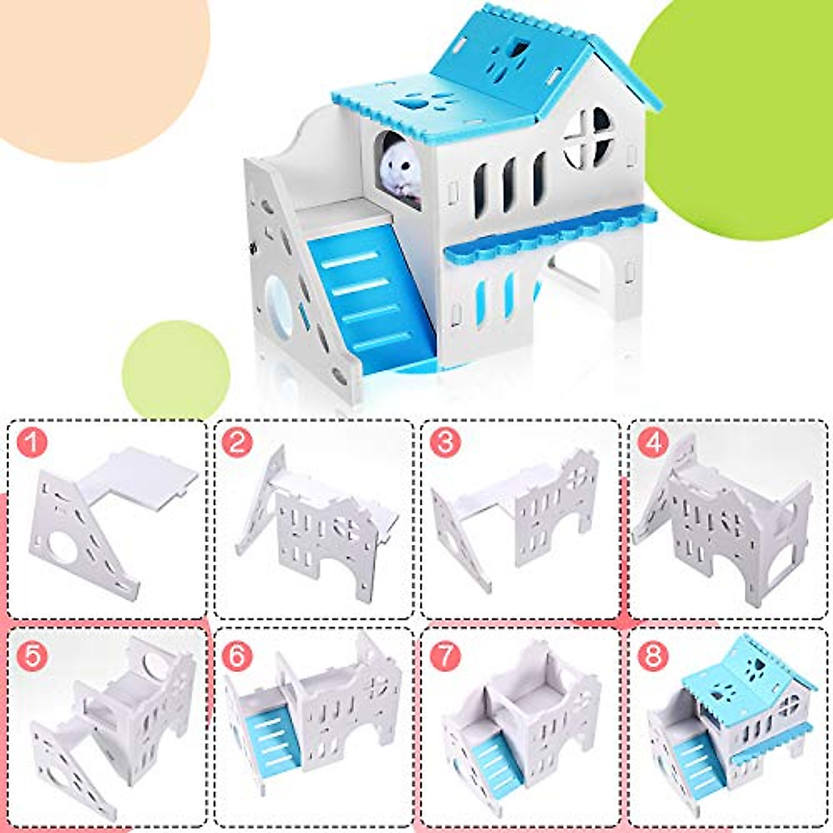 5 Pieces Hamster Toys Include Wooden Hamster House Guinea Pig Hideout Rainbow Bridge Hamster Seesaw Hamster Swing Hamster Exercise Circle Toy Suitable for Small Animals (Blue,6.3 x 3.93 x 5.5 Inch)