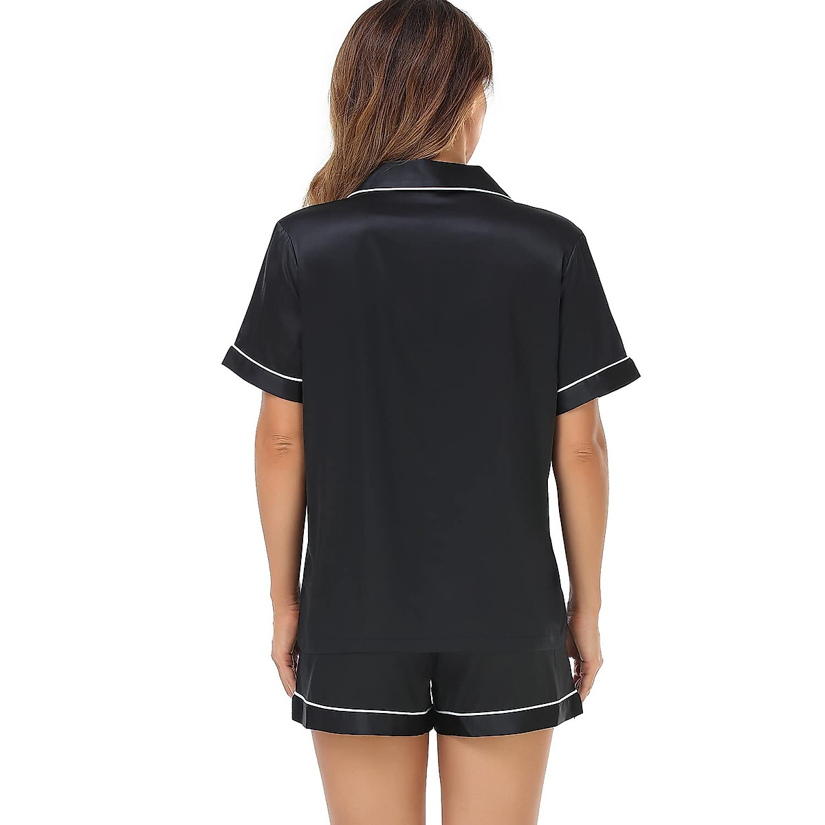 Serenedelicacy Women's Satin Pajama Set 2-Piece Sleepwear Loungewear Button Down Short Sleeve Silky PJ Set (Medium, Black)