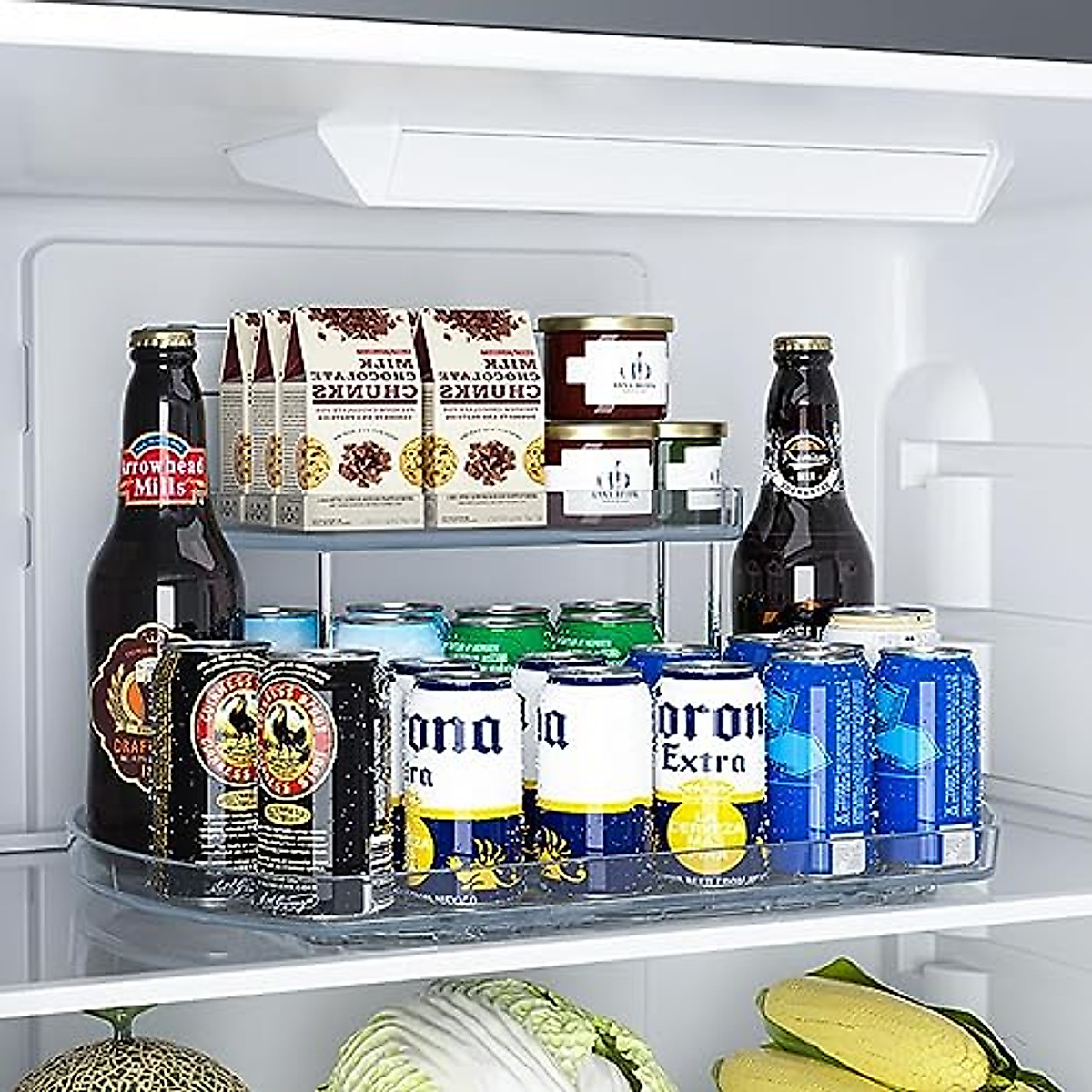 Colel Lazy Susan Turntable Organizer for Refrigerator, 16.53" x 11.02" Rectangular Fridge Lazy Susan Turntable Organizer for Kitchen (Double Layer)