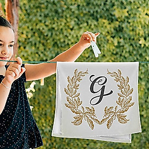 Oreayn Monogrammed Hand Towel for Bathroom Kitchen Beach Polyester Cotton Set of 2 Gold Leaves Wreath Fingertip Towel Soft Absorbent 28.3 x 14.4 Inch, Monogram Letter G