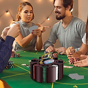 Wettarn Poker Chips Poker Set, 200 Count Rotating Poker Chip Case Wood Carousel Case Holder with 200 Pcs Chips and 2 Decks of Playing Cards for Casino Party Supplies Family Game Gambling Accessory