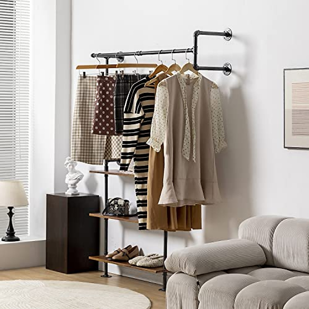 Industrial Pipe Clothing Racks with Shelves, Wall Mounted Wood Clothes Racks, Heavy Duty Iron Pipe Garment Racks for Hanging Clothes, Industrial Retro Steampunk Closet Organizer for Home Retail Store