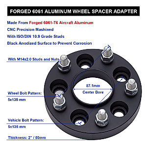 VLAOSCHI Black Forged 5x135 Hubcentric Wheel Spacers 2 Inch with 14x2 Studs Compatible with Ford Lin-coln 5 Lug for 1997-2003 F150 | 1997-2002 Expedition | 1998-2002 Navigator - Pack of 4