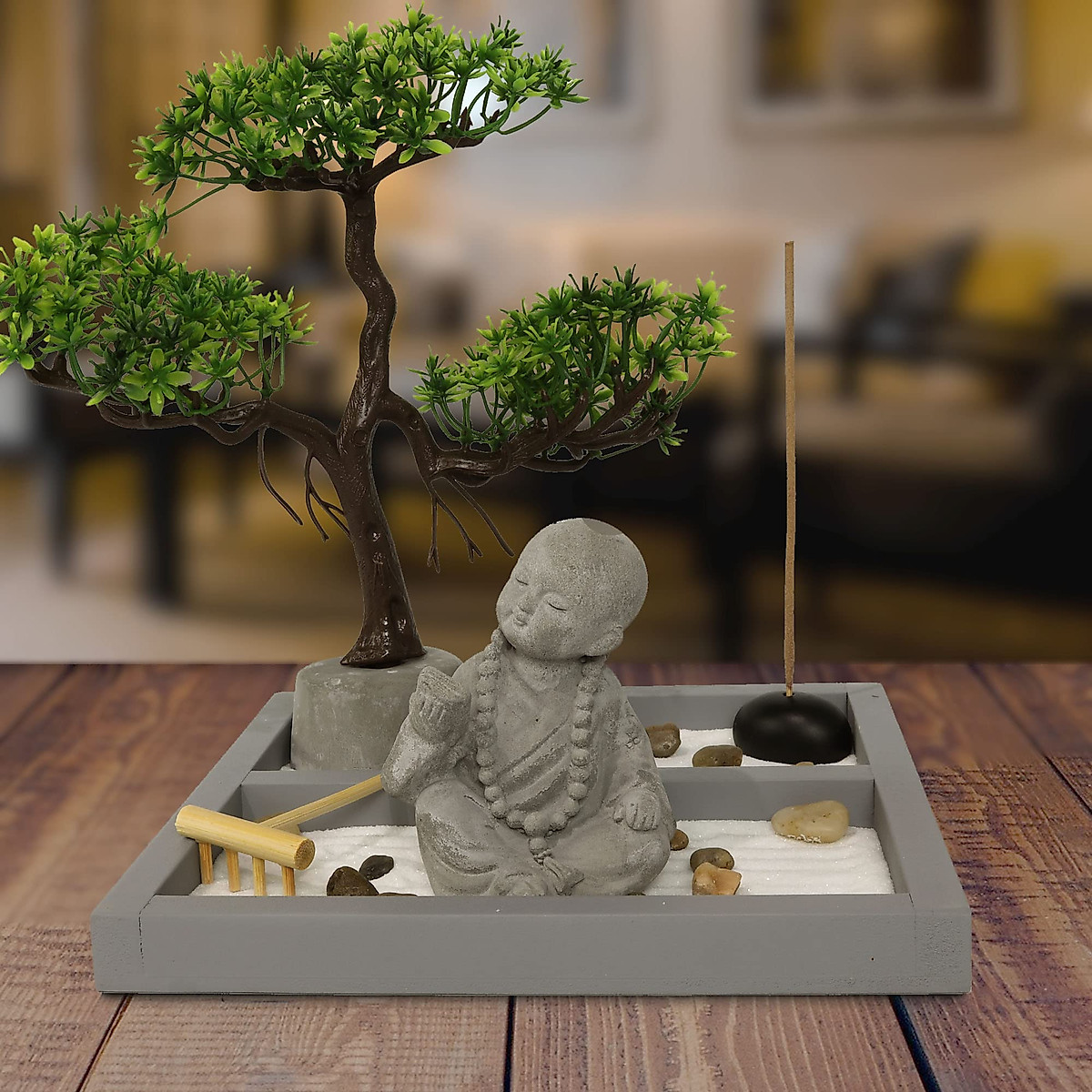 Gray Mini Japanese Zen Sand Garden Set with Incense Holder, Calming Bonsai and Miniature Buddha Statue - Zen Decor for Relaxation and Meditation - Home Decor, Office Accessory, Gift Set
