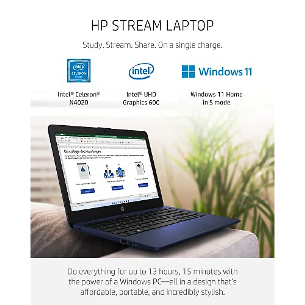 HP Stream 11" Laptop, Intel Celeron N4020, Intel UHD Graphics 600, 4 GB RAM, 64 GB SSD, Windows 11 Home in S mode (11-ak0030nr, Royal blue)