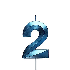 Qj-solar 2.76 inch Blue 2 Birthday Candles,3D Number 2nd Cake Topper for Birthday Decorations No 21 22 23 24 25 26 27 28 29