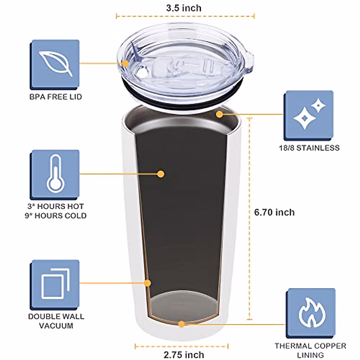CIVAGO 20oz Tumbler with Lid and Straw, Stainless Steel Vacuum Insulated Water Coffee Tumbler Cup, Double Wall Powder Coated Spill-Proof Travel Mug Thermal Cup for Hot and Cold Drinks(White, 1 Pack)