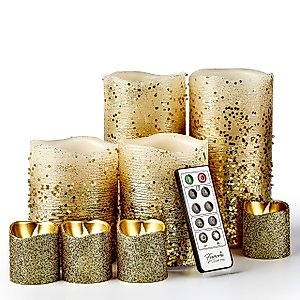 FURORA LIGHTING Gold Glitter Real Wax Candles with Remote and Timer, 4 Pillars and 4 Votives Pack of 8, LED Flameless Flickering Candles for Home Décor, Battery Included