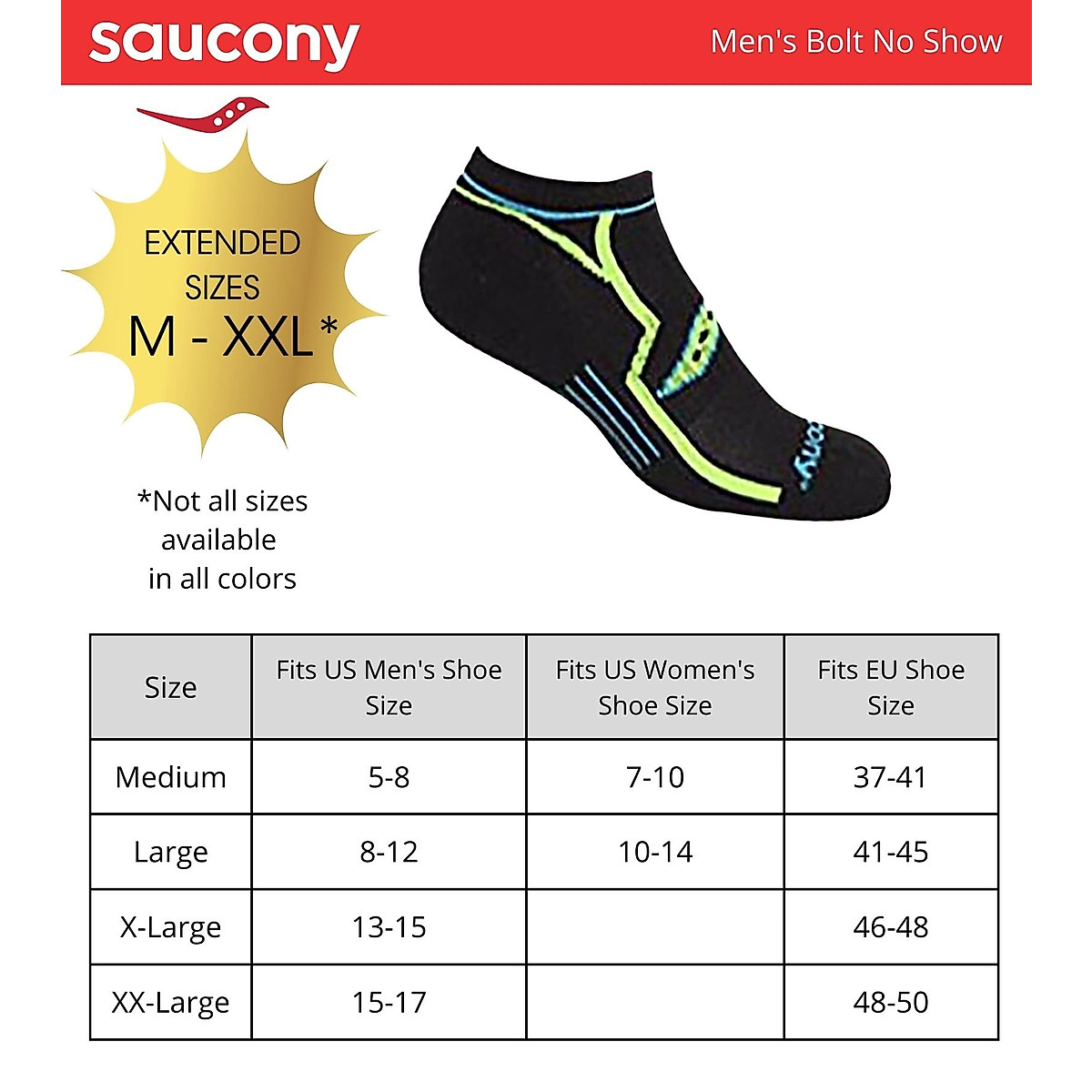 Saucony Men's Multi-Pack Bolt Performance Comfort Fit No-Show Socks, Black Assorted (6 Pairs), Shoe Size: 8-12