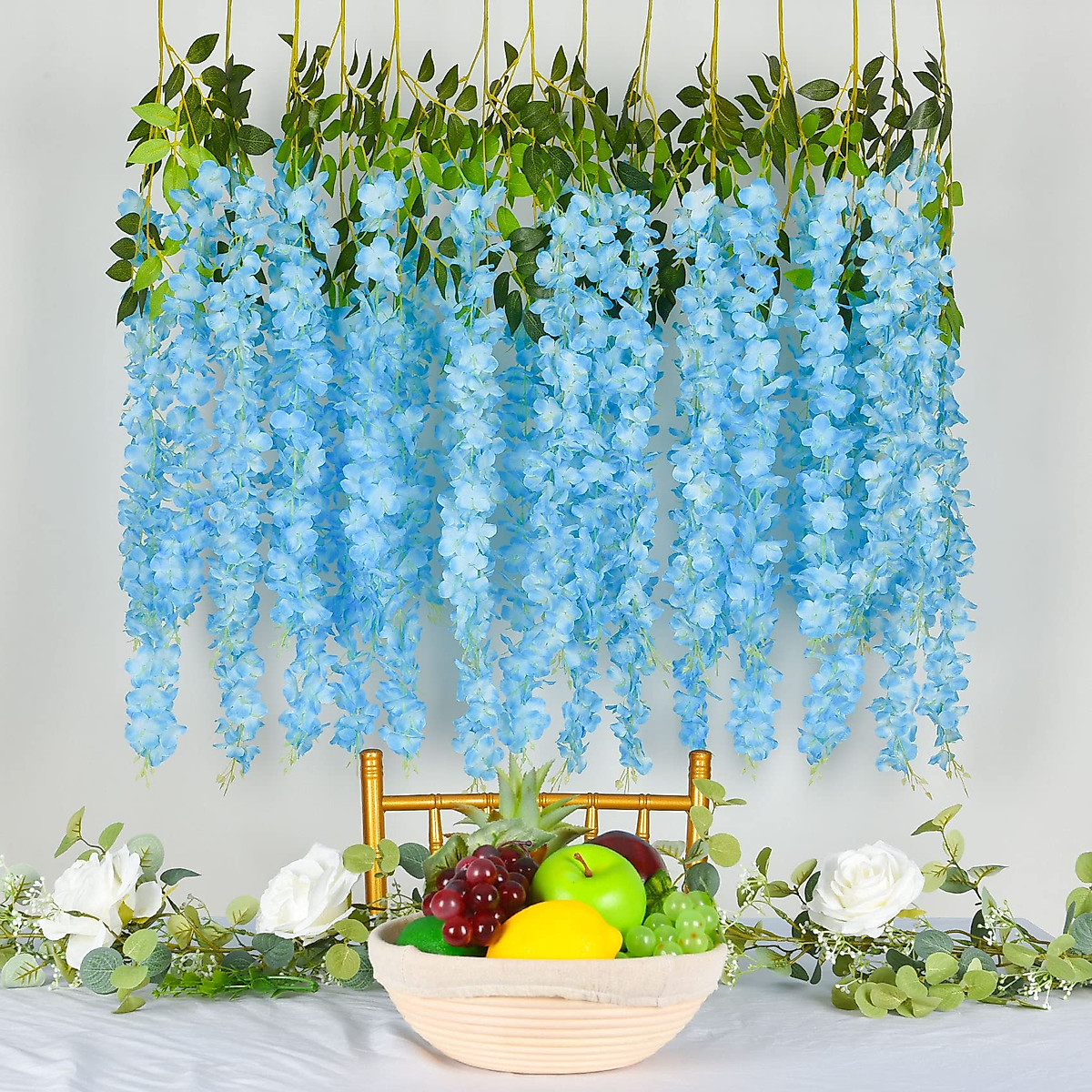 DearHouse 6 Pack 3.75 Feet/Piece Artificial Fake Wisteria Vine Ratta Hanging Garland Silk Flowers String Home Party Wedding Decor (Blue)