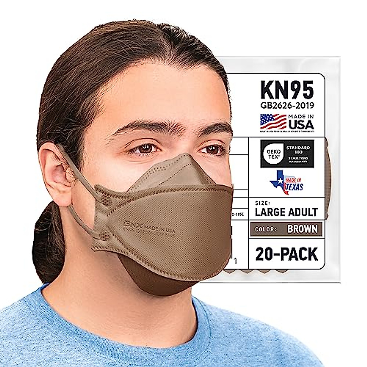 BNX 20-Pack KN95 Face Masks, Disposable Particulate KN95 Mask Made in USA, Tri-Fold Cup/Fish Style
