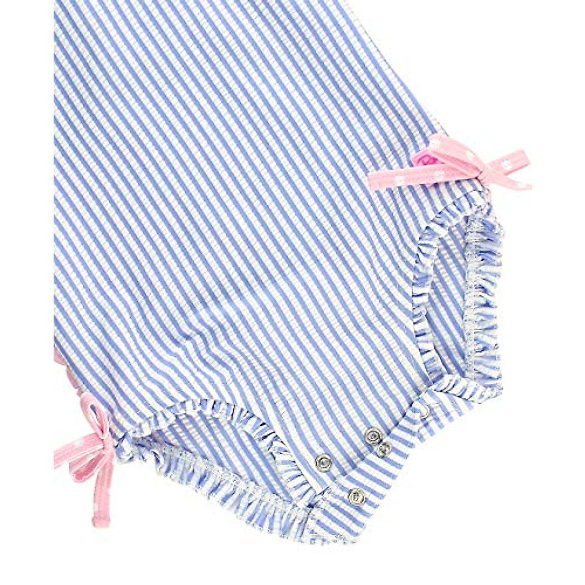 RuffleButts® Baby/Toddler Girls Long Sleeve One Piece Swimsuit - Blue Seersucker with UPF 50+ Sun Protection - 6-12m