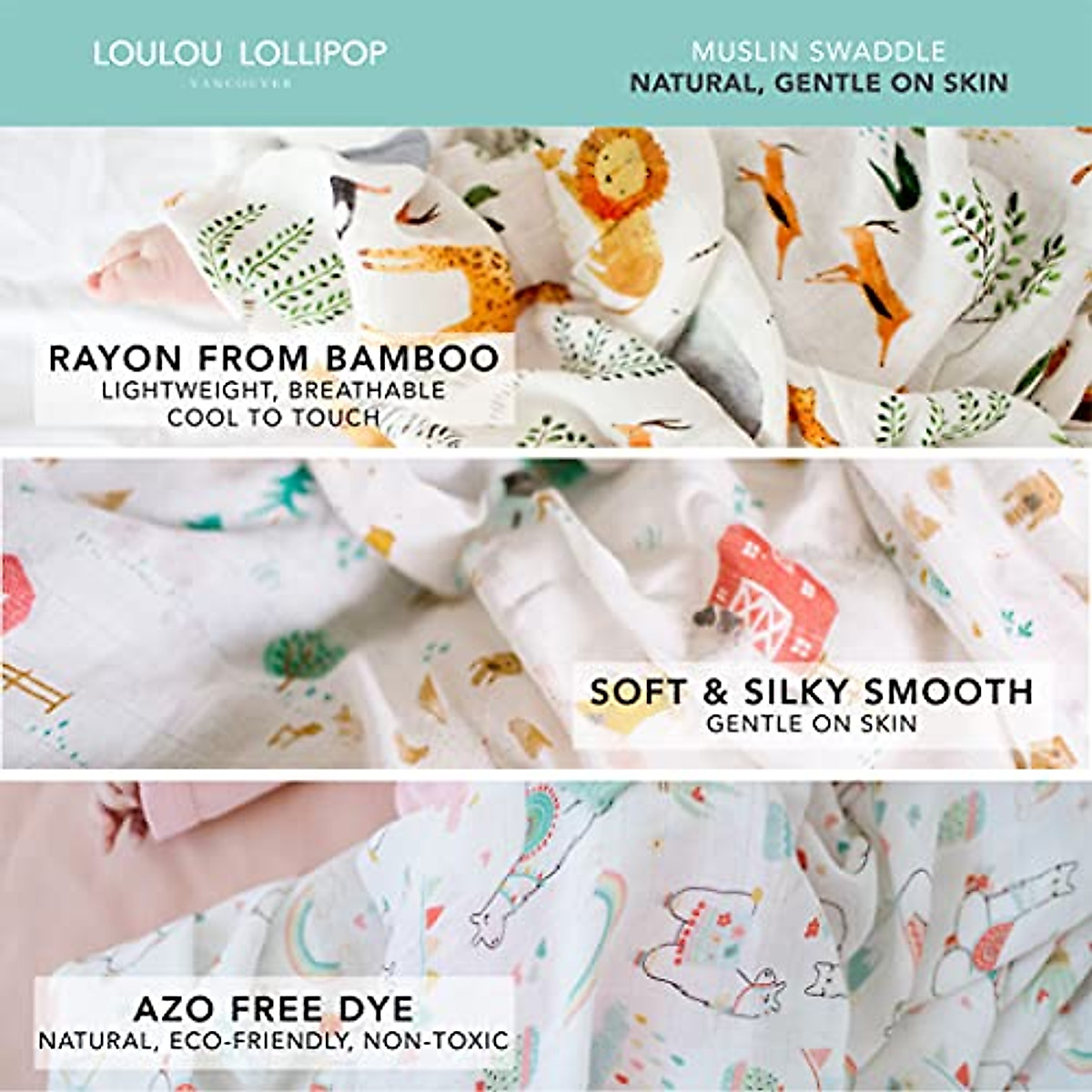 Loulou Lollipop Soft Baby Swaddle Blanket Muslin Wrap Receiving Blanket for Newborn to Toddler Girl and Boy, Large 47” by 47” - Animal Farm…