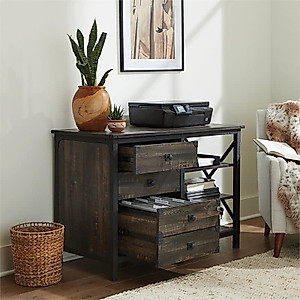 Sauder Steel River Industrial Metal & Wood Credenza with Drawers, Carbon Oak Finish