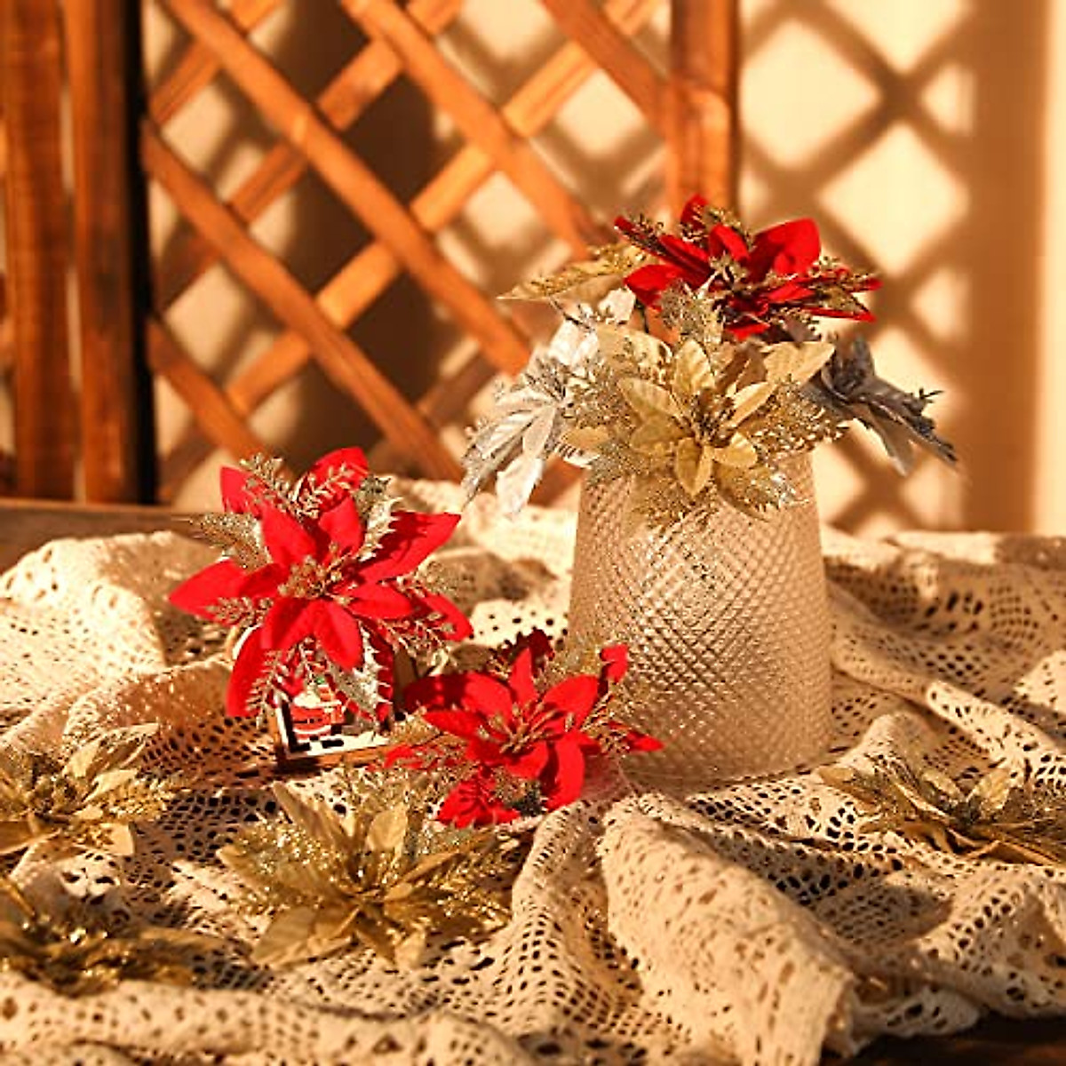 Veryhome 24pcs Poinsettia Christmas Decorations, 5.5 Inch Artificial Poinsettia Flowers Heads, Red Glitter Ornaments for Christmas Tree Decorations (Red)