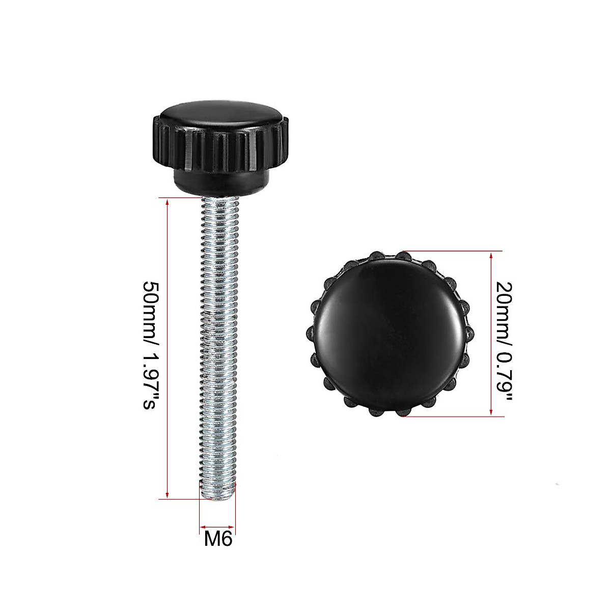 uxcell 2pcs Knurled Clamping Knobs M6 x 50mm Metric Zinc Plated Carbon Steel Male Thread Thumb Screw on Type 20mm Plastic Round Head Threaded Hand Bolt Stud Knobs Black