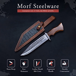 Morf Steelware Handmade Damascus Bowie Knife, 14.5 inch Camping & Hunting Damascus Knife, Fixed Blade Hand Forged Hiking Knife, Damascus Steel Survival Knife with Leather Sheath