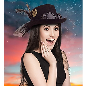 Attitude Studio Fedora Steampunk Hat with Goggles, Feathers, and Gears - Black