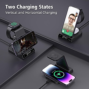 Wireless Charging Station, YiJYi 3 in 1 Watch Charger Stand with Digital Clock Suitable for iWatch SE/6/5/4/3/2/1,AirPods Pro, for iPhone 15/14/13/12/11 Pro Max/XS/XR/X/8/Samsung S23/S22/S21