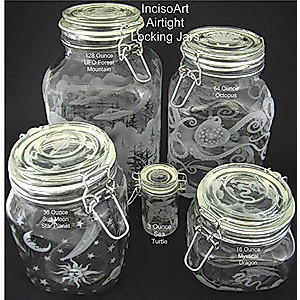 IncisoArt Hand Etched Glass Jar Airtight Canister Sandblasted (Sand Carved) Handmade Engraved Locking Wire Clamp Lid (Sun Moon Stars Planets, 38 Ounce)