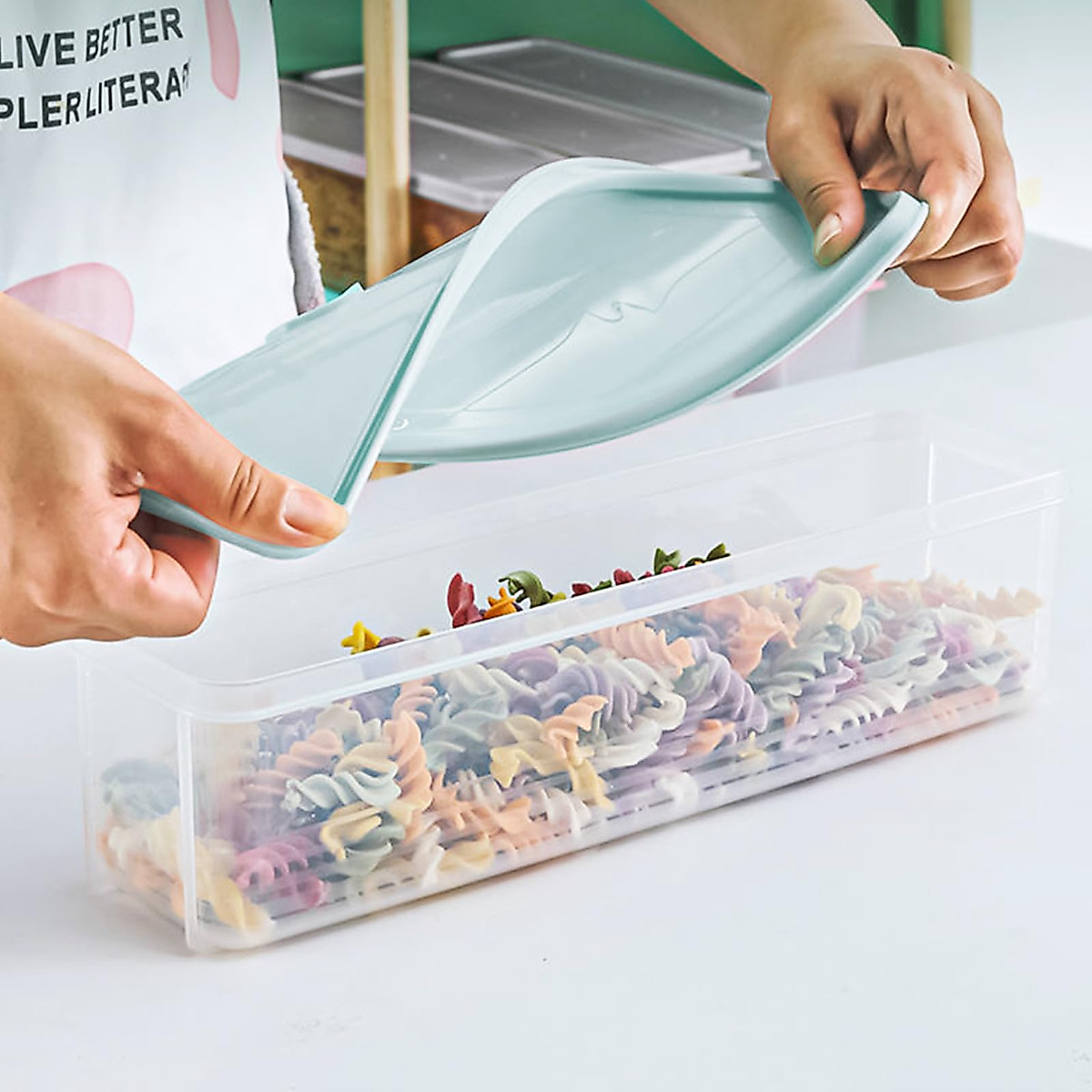 LDXDRU Pasta Storage Containers with Lids Set of 8, Spaghetti Container Storage, Plastic Pasta Storage, Stackable Spaghetti Noodle Container for House, Kitchen, Pantry & Refrigerator, 12 x 3 x 3 In