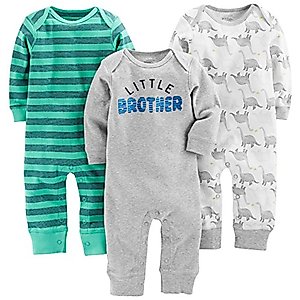 Simple Joys by Carter's Baby Boys' Jumpsuits, Pack of 3, Green Stripe/Grey/Dinosaur, 3-6 Months