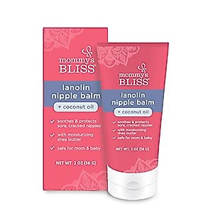 Mommy's Bliss Lanolin Nipple Balm Breastfeeding Cream with Coconut Oil & Shea Butter, Soothing Cream for Sore, Cracked Nipples, Safe for Nursing Babies, Flavorless, 2 Oz
