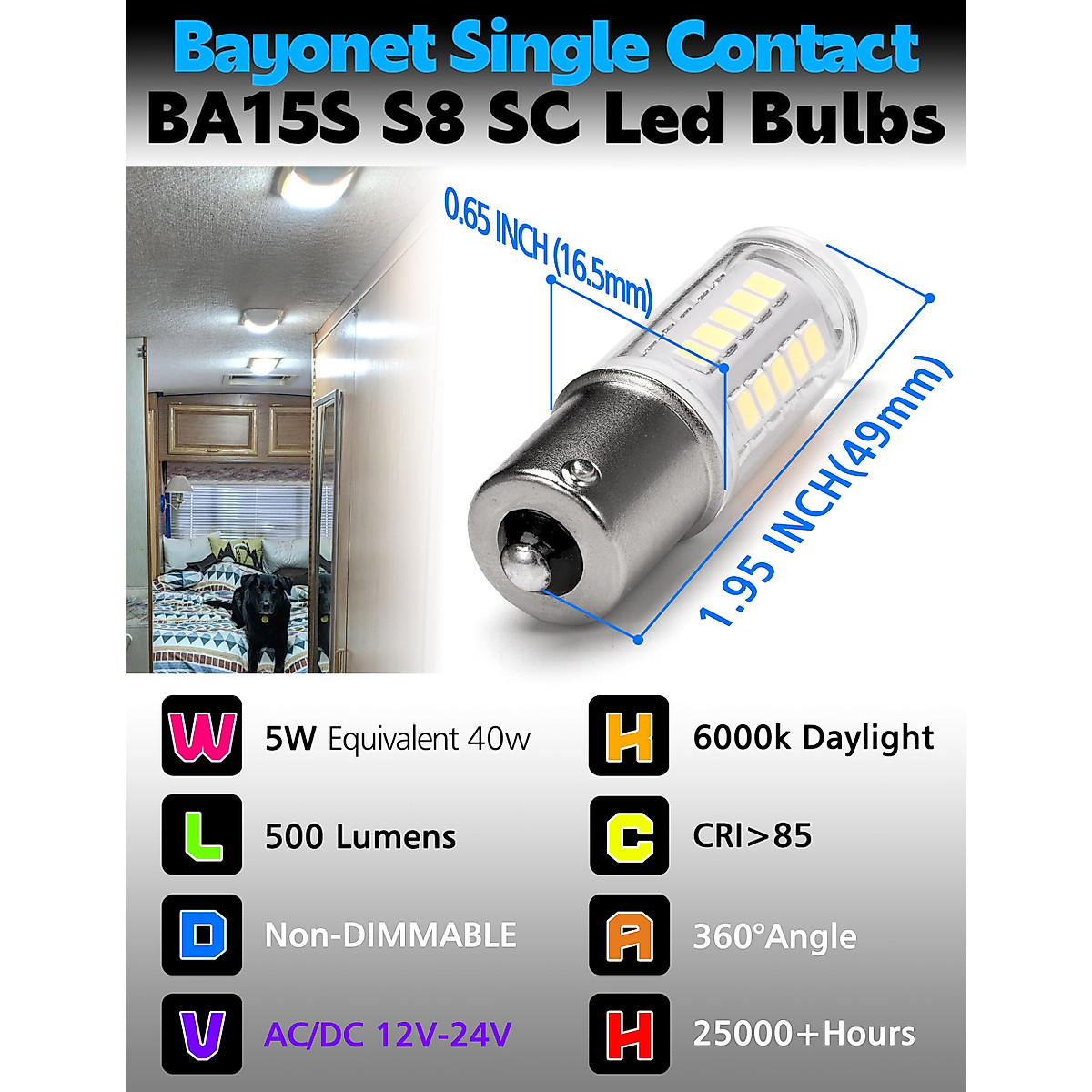 1156 BA15S LED Bulbs 12-24V, 1141 1003 7506 6000K Daylight White, Low Voltage Bayonet Single Contact, 5W 500LM Replacement For RV Landscape Interior Lights Camper Marine Boat Trailer Lights, Pack 4