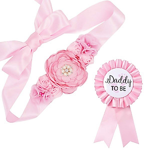 Baby Pink Maternity Sash & Daddy to Be Corsage Set - Baby Shower Sash Baby Girl Pregnancy Sash Keepsake Baby Shower Flower Belly Belt