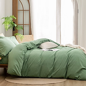 BESTOUCH Duvet Cover Set 100% Washed Cotton Linen Feel Super Soft Comfortable Chic Lightweight 3 PCs Home Bedding Set Solid Light Grass Green Full/Double