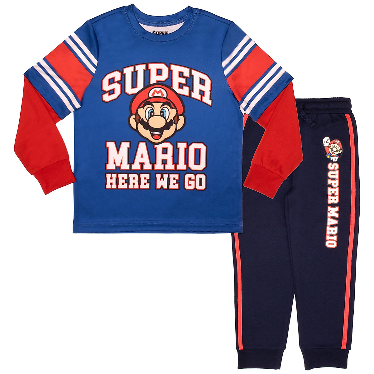 Nintendo Super Mario Video Game 2-Piece Set, Boys Long Sleeve T-Shirt & Jogger Pants 2-Pack Bundle Set for Kids and Toddlers (Size 4, Blue)
