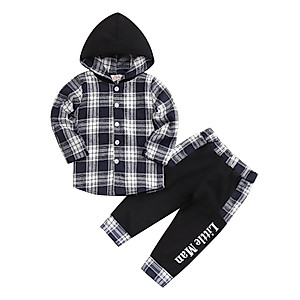 Axumity Toddler Boy Clothes Hoodie Sweatsuit Outfits Kids Flannel Plaid Shirt Top Colorblock Pants Set for Fall Winter Spring(3-4t)