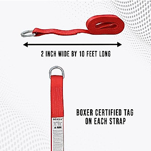 Boxer 2 in x 10 FT Red Lasso Tow Strap with Forged D Ring – Car Tie Down, Auto Hauler, Auto Transport – 10,000lbs (4 Pack)