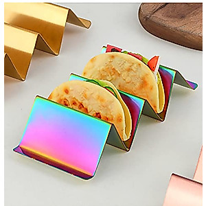 QIBOORUN Taco Holder Stand Set of 4 with 1 Food Tong - Stainless Steel Taco Stand Rack Tray Style, Oven Safe for Baking, Dishwasher and Grill Safe -Rainbow Color