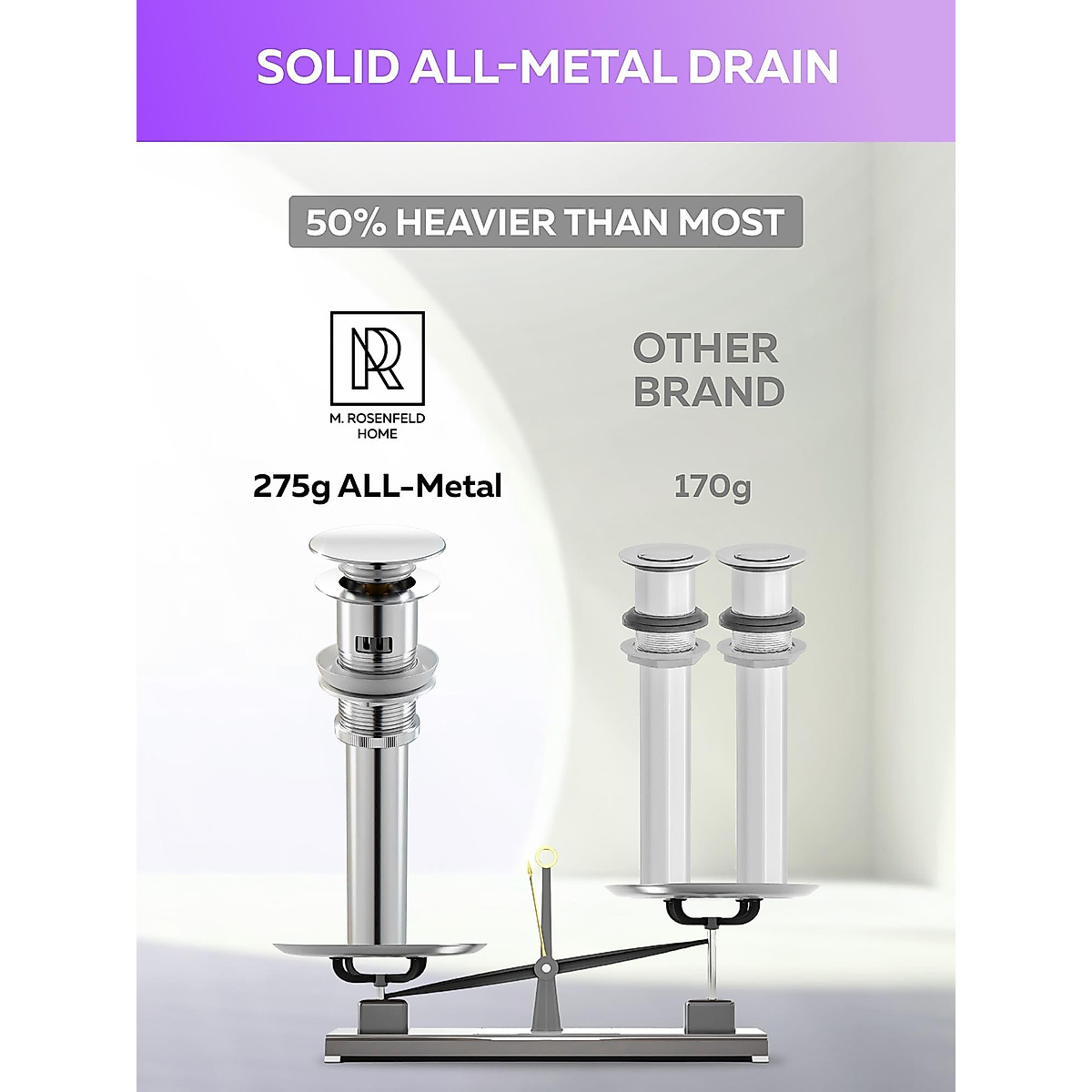 Premium Pop Up Drain with Overflow 1.6"- 1.9" Universal Bathroom Drain Kit - Chrome Bathroom Sink Drain with Overflow All Metal Rustproof Brass and 304 Stainless Steel - Push Button Sink Drain