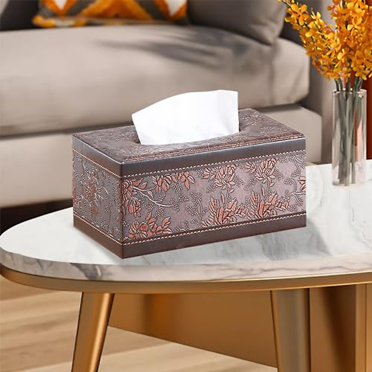 Leather Tissue Box Cover Retro Rectangular Facial Tissue Box Holder, Modern Napkin Storage Caddy with Magnetic Bottom, Pumping Paper Dispenser Case for House Bathroom Office Car Living Room