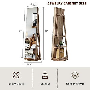 FOMNEY 360° Swivel Jewelry Armoire with Mirror, 63" H Full Length Mirror with Storage, Standing Mirror Jewelry Cabinet has LED Lights, Standing Jewelry Organizer/Makeup Shelf for Bedroom (Wood)