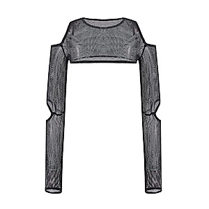 Villagepageme Rave Tops for Women Sheer Mesh Long Sleeve Crop Top See Through Cover Ups with Buckle (G-Black, L)