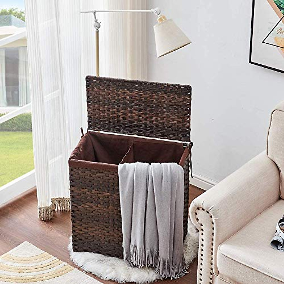 Divided Double Laundry Hamper with Lid, Synthetic Rattan Handwoven Clothes Hamper with Lid and Handles, Foldable, Removable Liner Bag, Brown