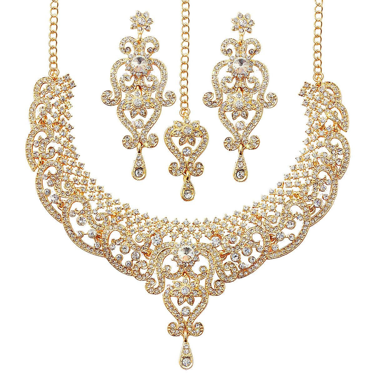 Touchstone Indian jewelry set for women bollywood gold jewellery wedding outfits necklace sets earrings bridal maang tikka fancy costume girls ethnic big desi accessories rhinestone in gold tone