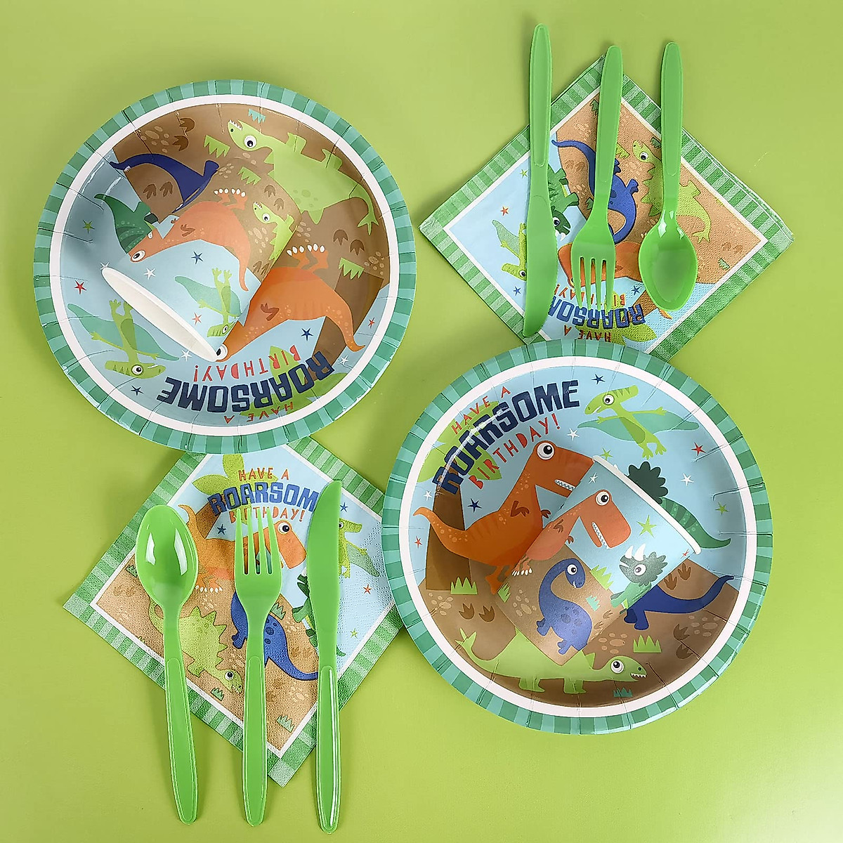 GOOCHOO 144 Pack Dinosaur Party Supplies Sets Severs 24 Person Including Plates Napkins Cups and Cutlery for Birthday Party