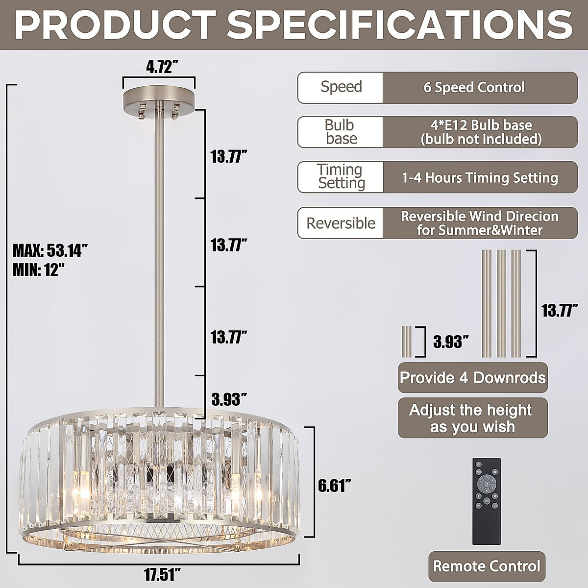 Luupyia Crystal Caged Brush Nickel Ceiling Fan with Light 18In, 6 Speed Reversible, 4Lights Crystal Fandelier Ceiling Fan with Light and Remote Silver Fandelier Low Profile 7 Bladeless E12