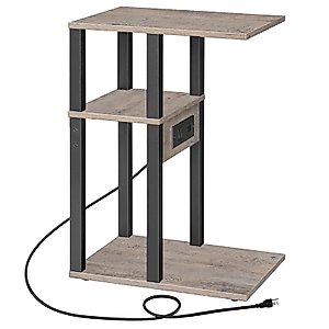HOOBRO C Shaped End Table with Charging Station, Small Side Table with 2 USB Ports and Outlets, TV Tray Table, Couch Table for Small Spaces, Living Room, Bedroom, Greige and Black BG62USF01