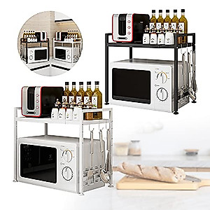TBVECHI Microwave Oven Rack, 2 Tier Stainless Steel Microwave Stove Expandable Microwave Shelf Space-Saving Shelf and Organiser for Kitchen Worktops with 3 Hooks (White) (2 Tier White)