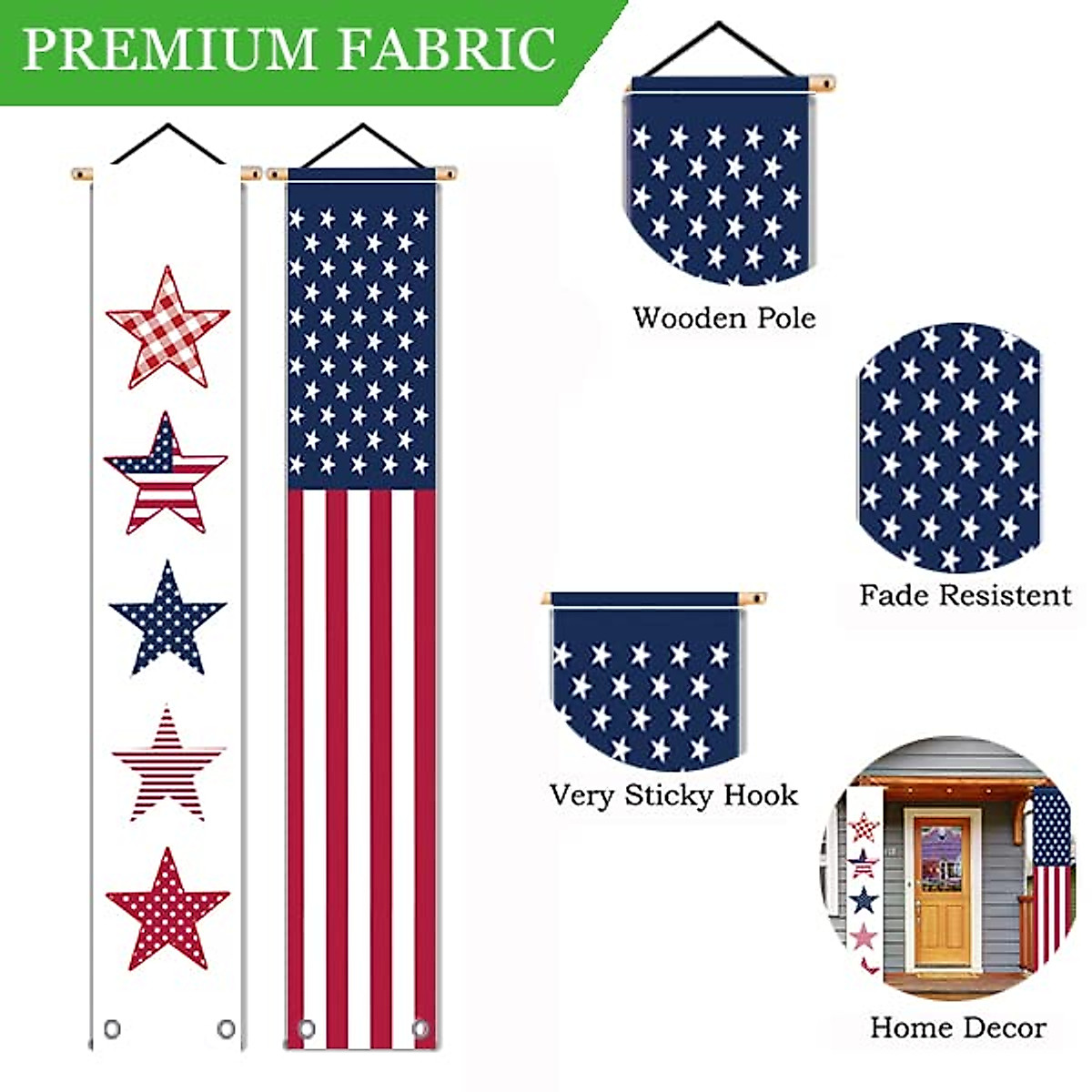 4th of July Banner Front Door Sign Patriotic Porch Banner American Flag Stars Hanging Flag Independence Day Home Yard Porch Garden Indoor Outdoor Party Wall Decoration 12 x 71 Inch