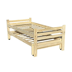 Twin XL Over Twin Size Bed Pennsylvania Wooden Wheeled Platform Bed Solid Pine Wood with Casters Unfinished with Wooden Slats Mattress Support/No Box Spring Needed – Two Beds Set