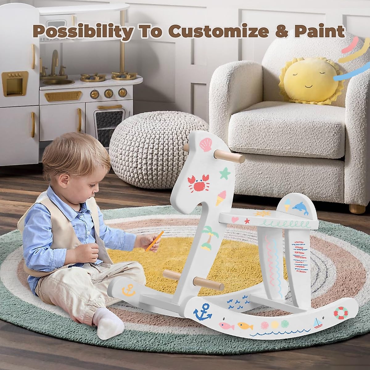 labebe - Wooden Rocking Horse, Baby Wood Ride On Toys for 18 Months Up, White Rocker Toy for Kid, Toddler Ride Animal Indoor/Outdoor, Boy&Girl Rocking Animal, Infant Ride Toy, Christmas/Birthday Gift