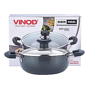 Vinod Cookware Professional Deep Kadhai – 2.1 Liters(2.2 Quarts) – 20cm–Glass Lid Included – Multi-Use Hard Anodized Wok/Pot –Suitable For Indian Cooking, Sauces, Pasta, Stews, Soups – Riveted Handles