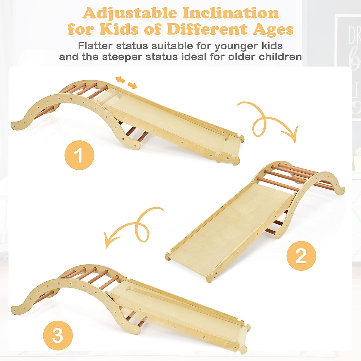 Olakids Climbing Toys for Toddlers, 3 in 1 Kids Wooden Pikler Montessori Arch Climbing Rocker with Ramp Ladder Cushion Pad for Gym Playground, Indoor Baby Climber Toy Play Structure Activity Set